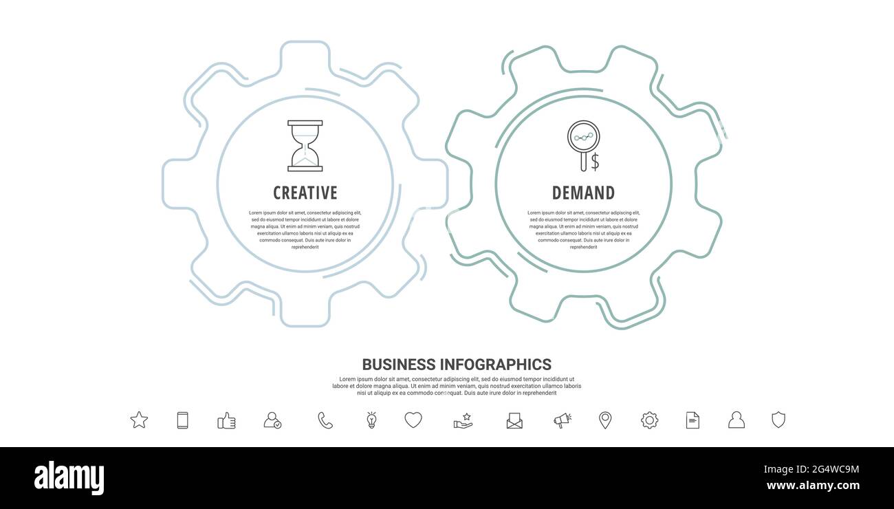 Line infographic gears with 2 steps. Vector timeline with cogwheels for ...