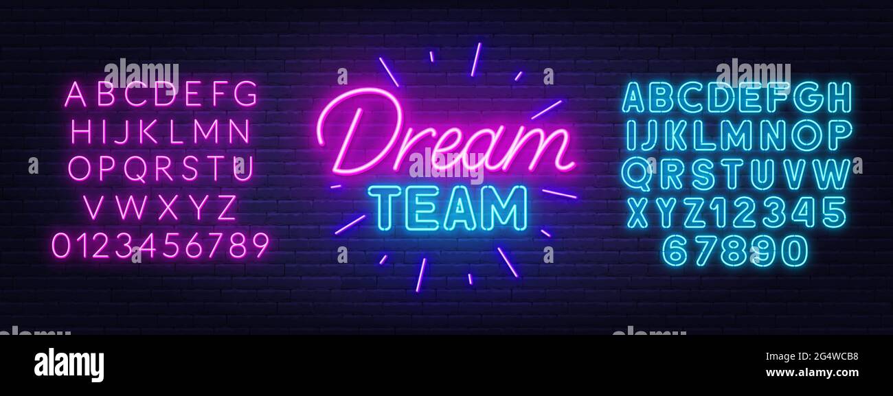Dream Team neon sign on brick wall background. Glowing lettering. Pink ...
