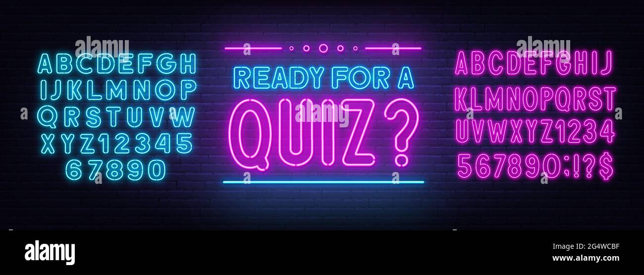 Ready for a Quiz neon sign on brick wall background. Glowing lettering ...
