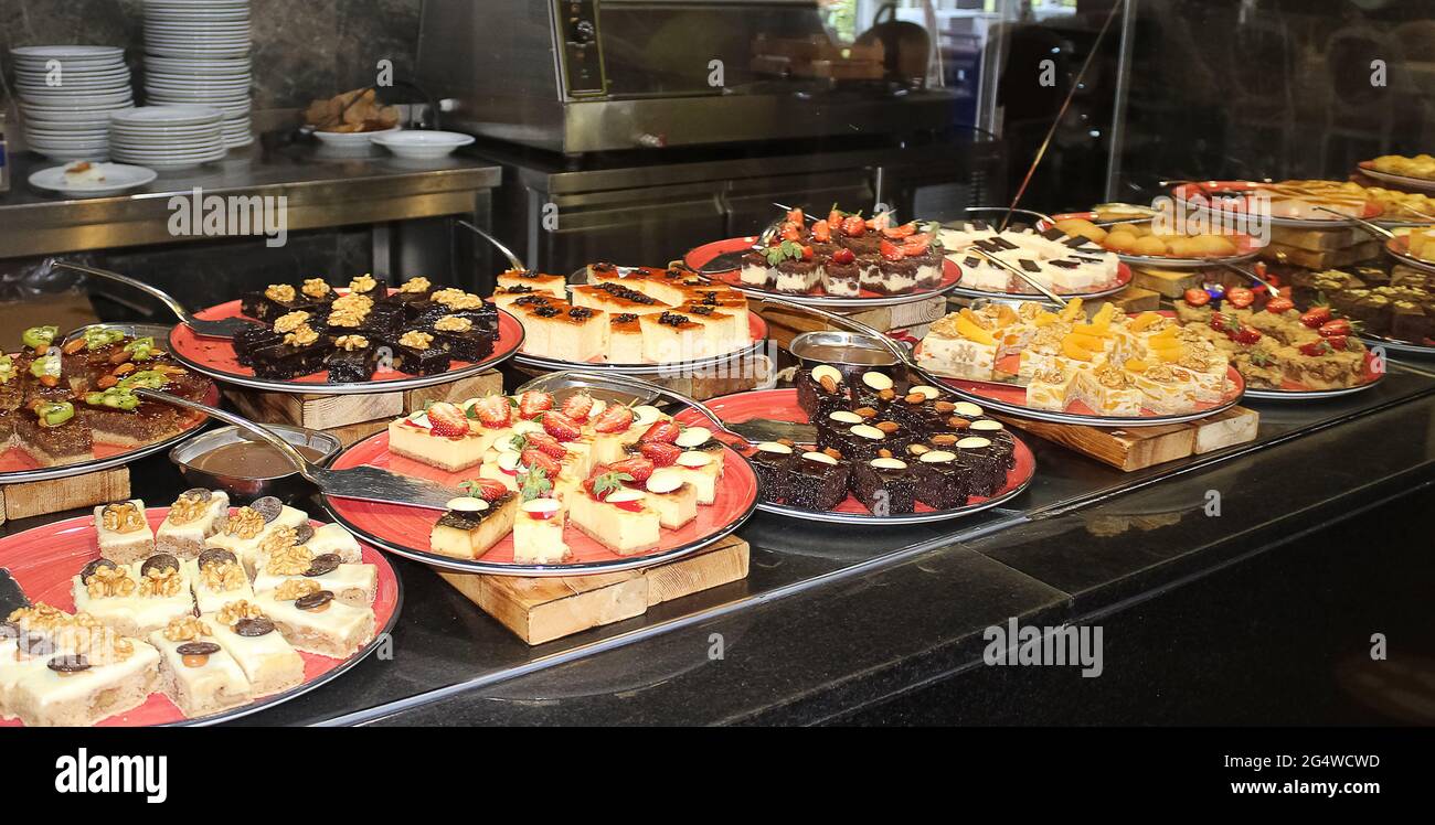 Food on the shelves in the self-service buffet with all inclusive in ...