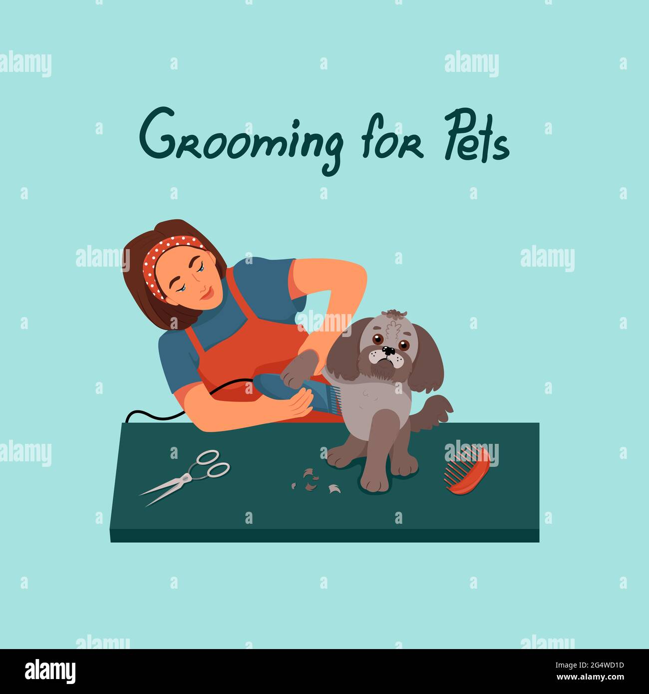 Grooming for pets, girl shears a dog, vector illustration in flat style ...