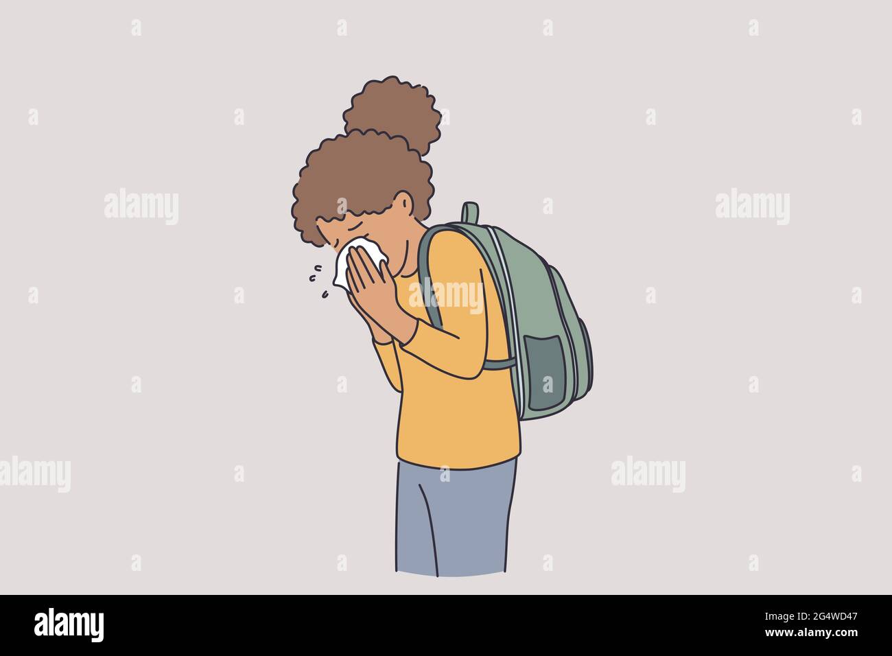 Feeling sick and runny nose concept. Small black girl cartoon character ...