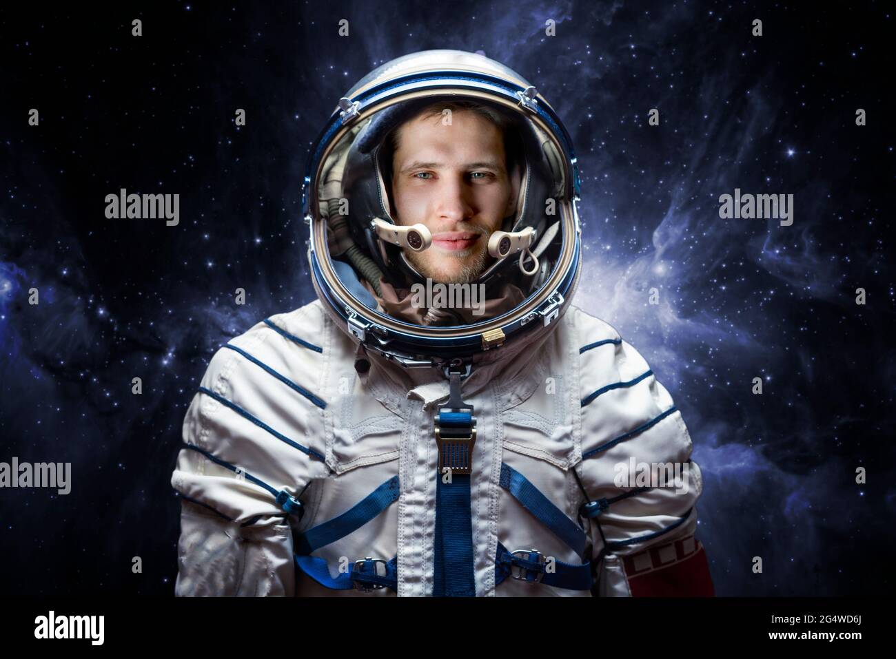 close up portrait of young astronaut completed space mission. Elements ...
