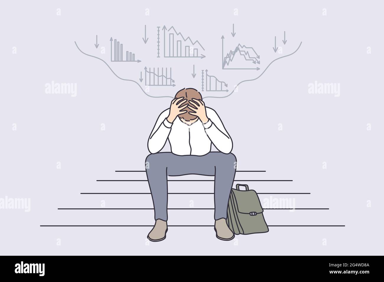 Economic regression, failure in business concept. Tired or stressed ...