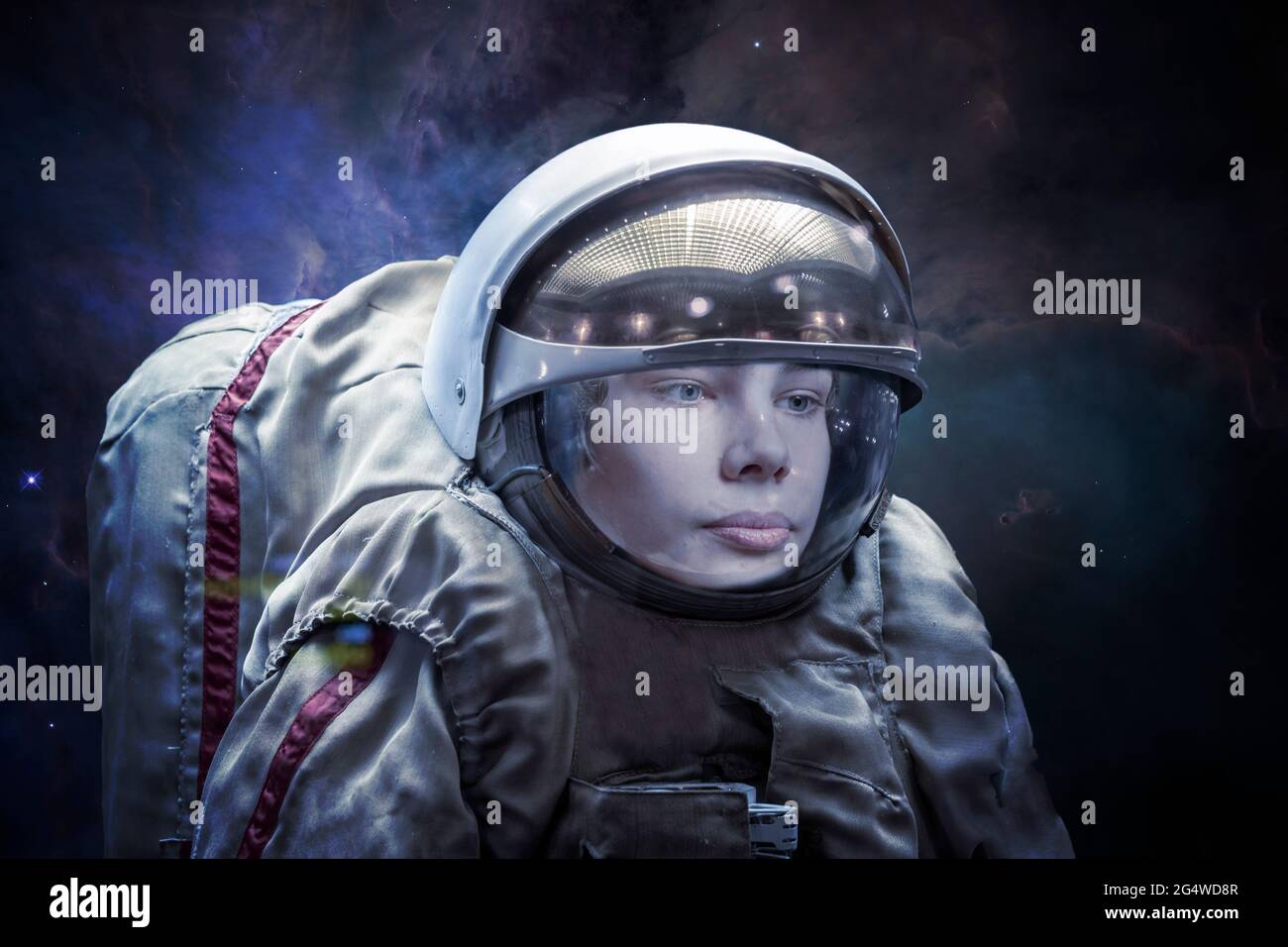 close up portrait of young astronaut completed space mission. Elements ...