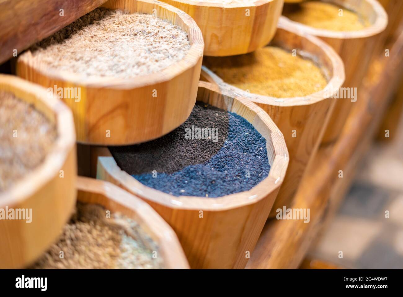 counter with rows of different grains in the market store Stock Photo ...