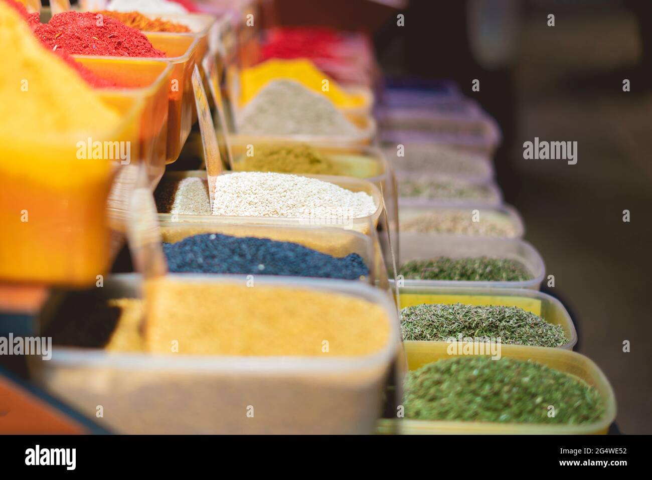 close up counter with various spices in supermarket Stock Photo - Alamy