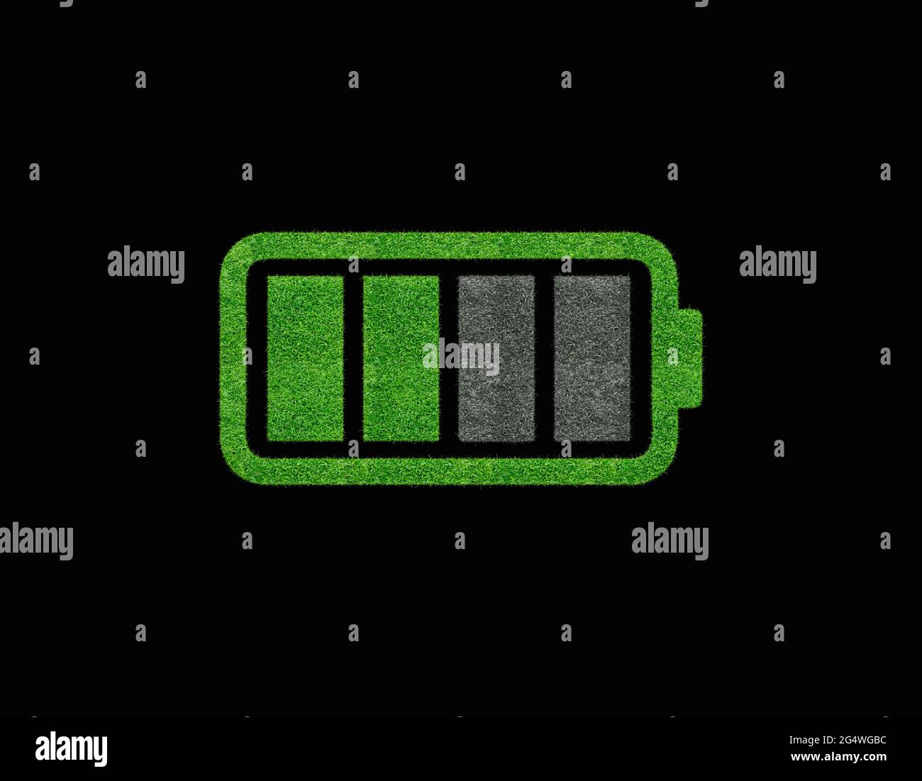 3D Green Energy Concept. Green grass isolated of battery on black grand ...