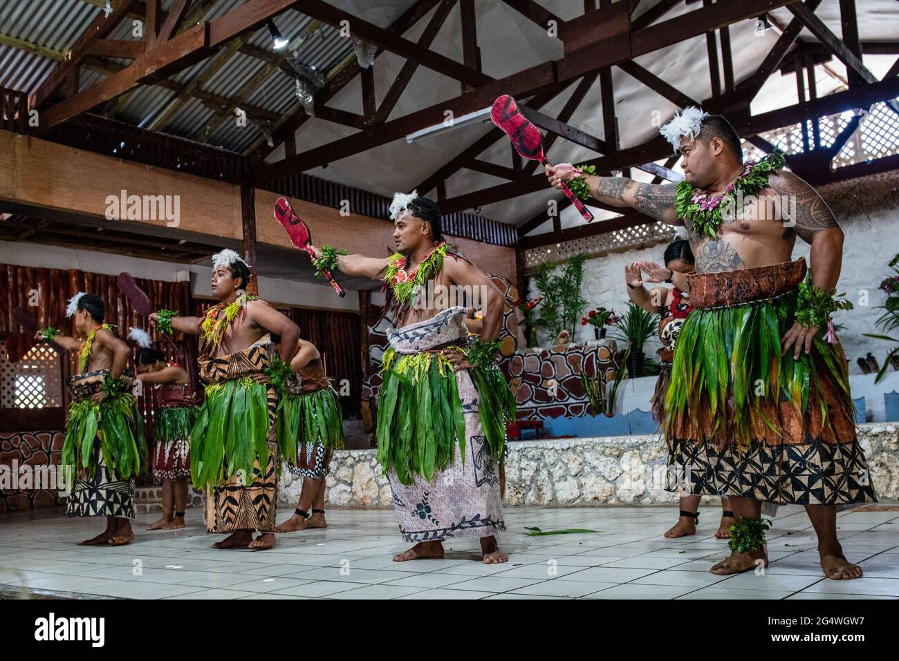 Nuku'Alofa, Tonga -- March 10, 2018. Dancers in native garb perform a ...