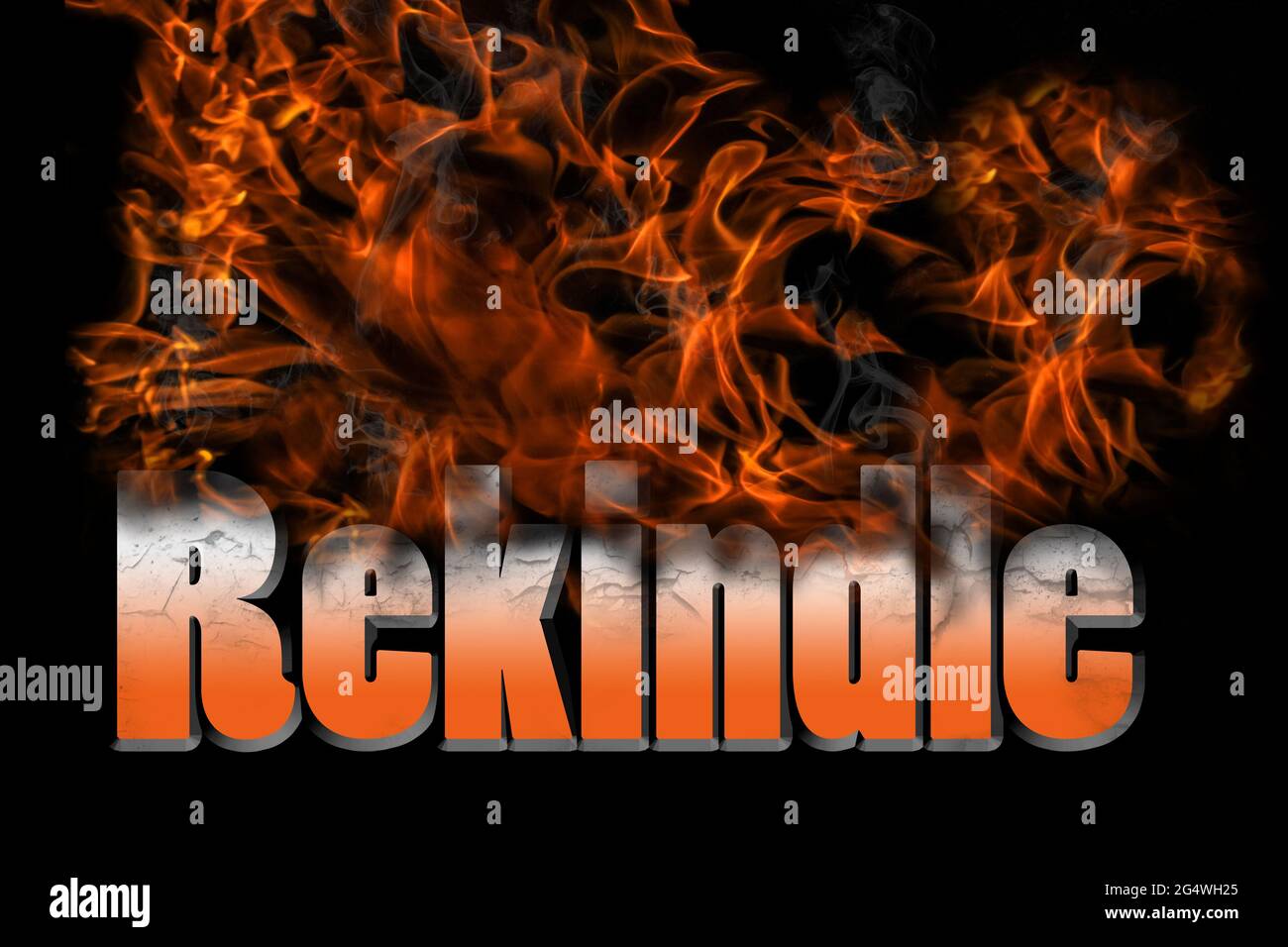 Rekindle word in 3D illustration in fire text with hot burning fire and ...