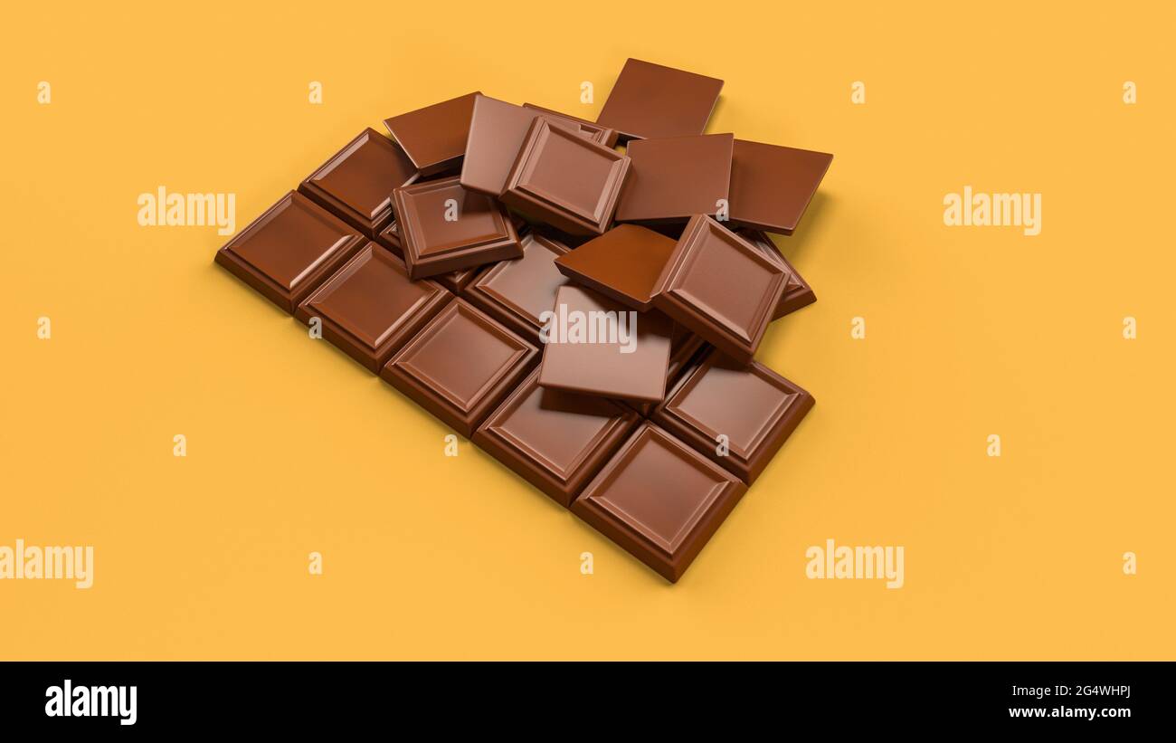 3D rendering of cubes of milk chocolate bar isolated on a mustard ...