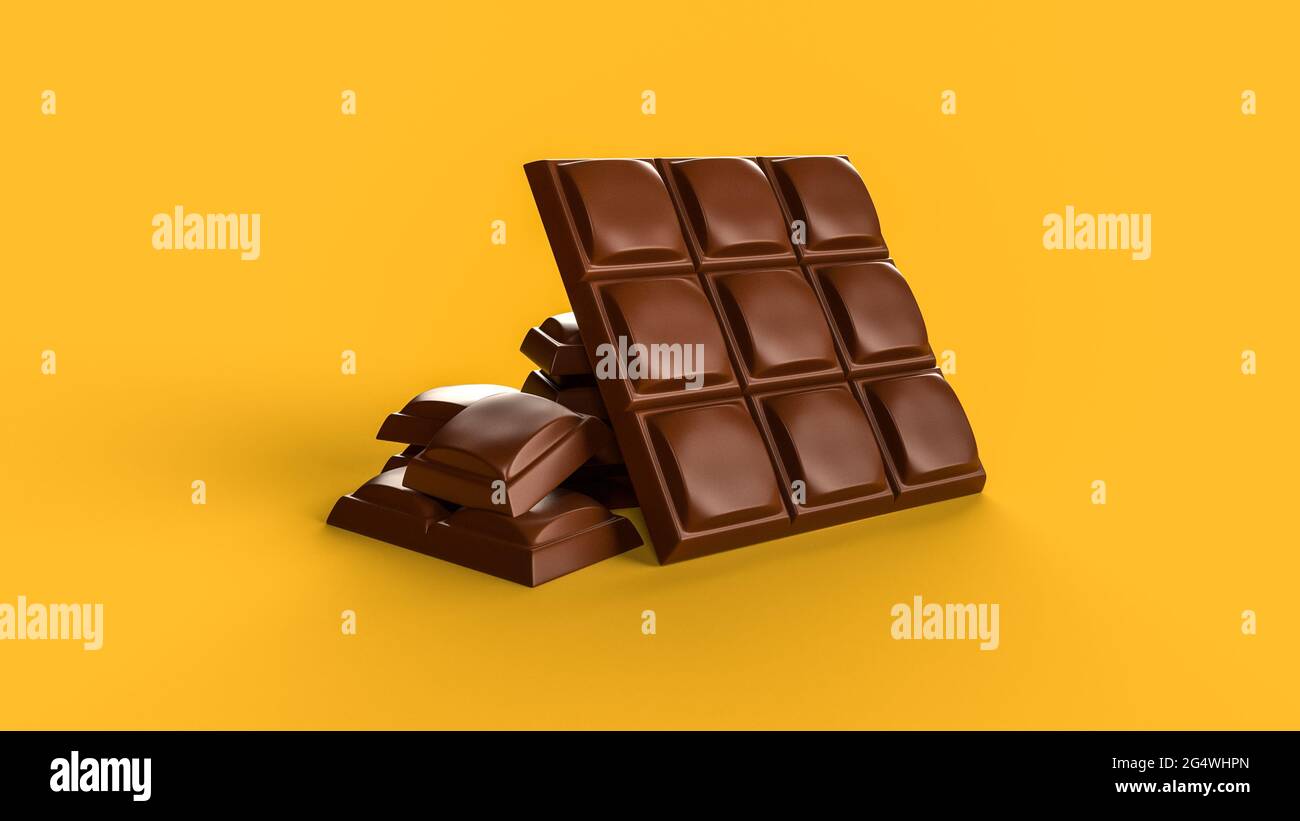 3D rendering of cubes of milk chocolate bar isolated on a mustard ...