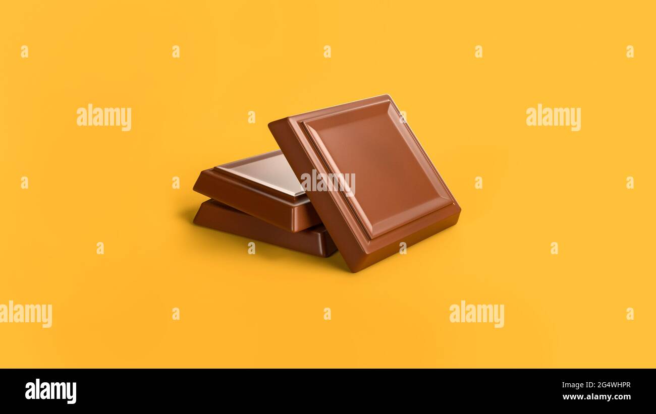 3D rendering of cubes of milk chocolate bar isolated on mustard ...