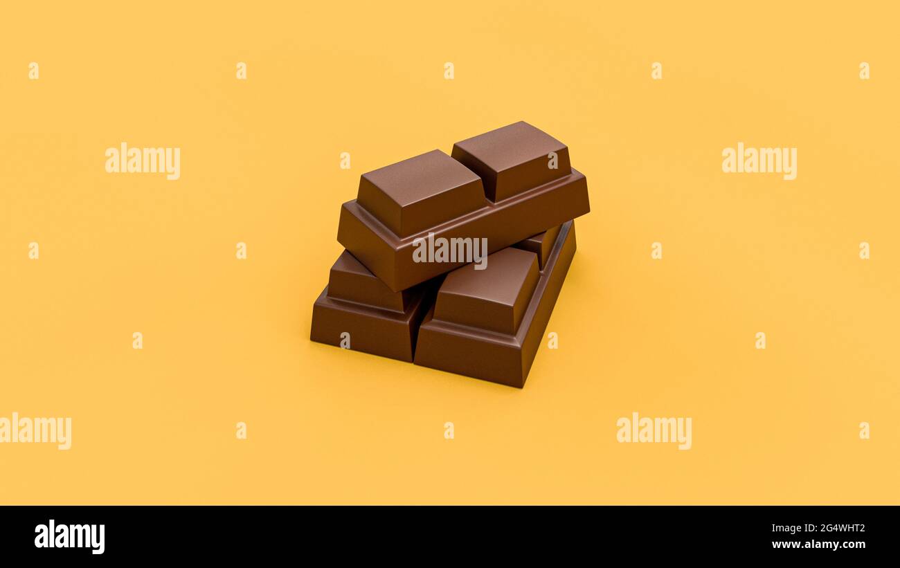 3D rendering of cubes of dark chocolate bar isolated on a mustard ...