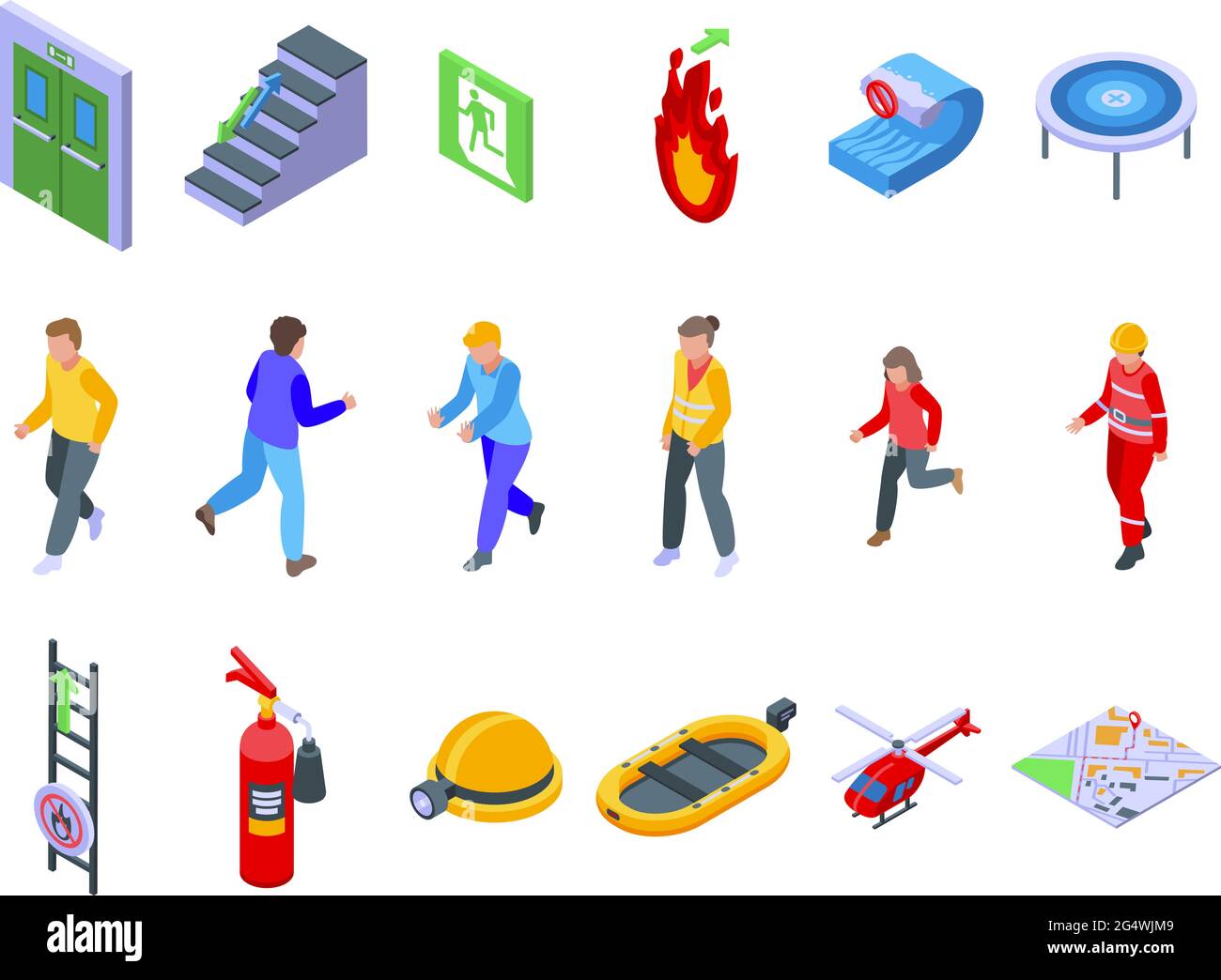 Human evacuation icons set. Isometric set of human evacuation vector ...