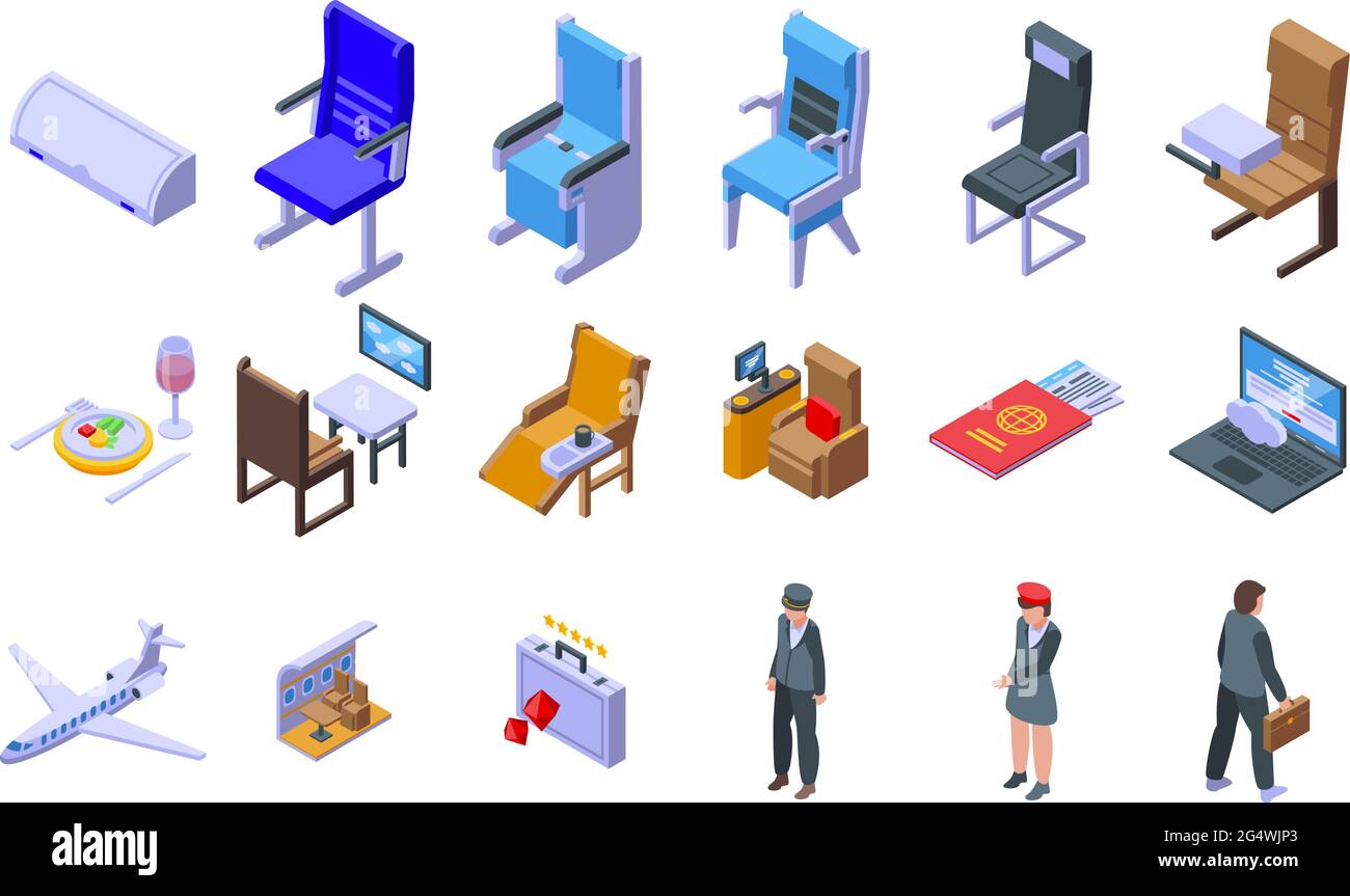 First class travel icons set. Isometric set of first class travel ...