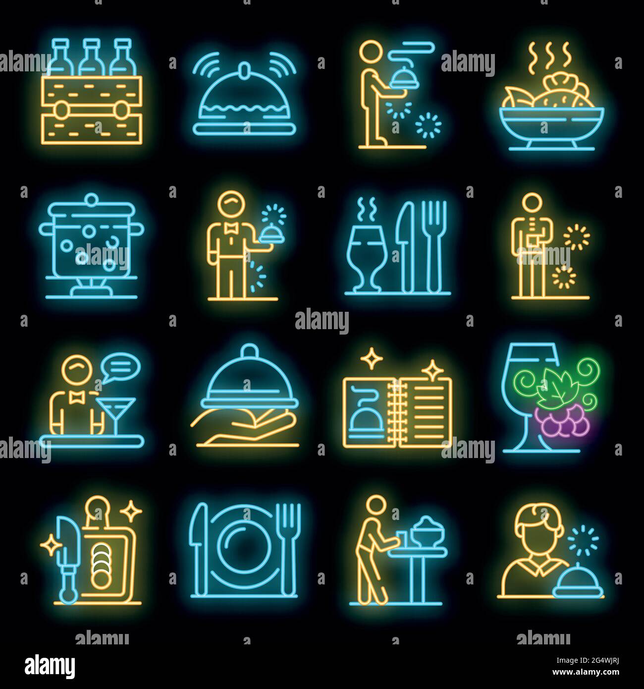 Butler icons set. Outline set of butler vector icons neon color on ...