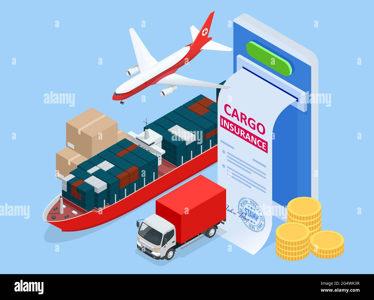 Isometric insurance policy concept. Air cargo trucking transportation ...