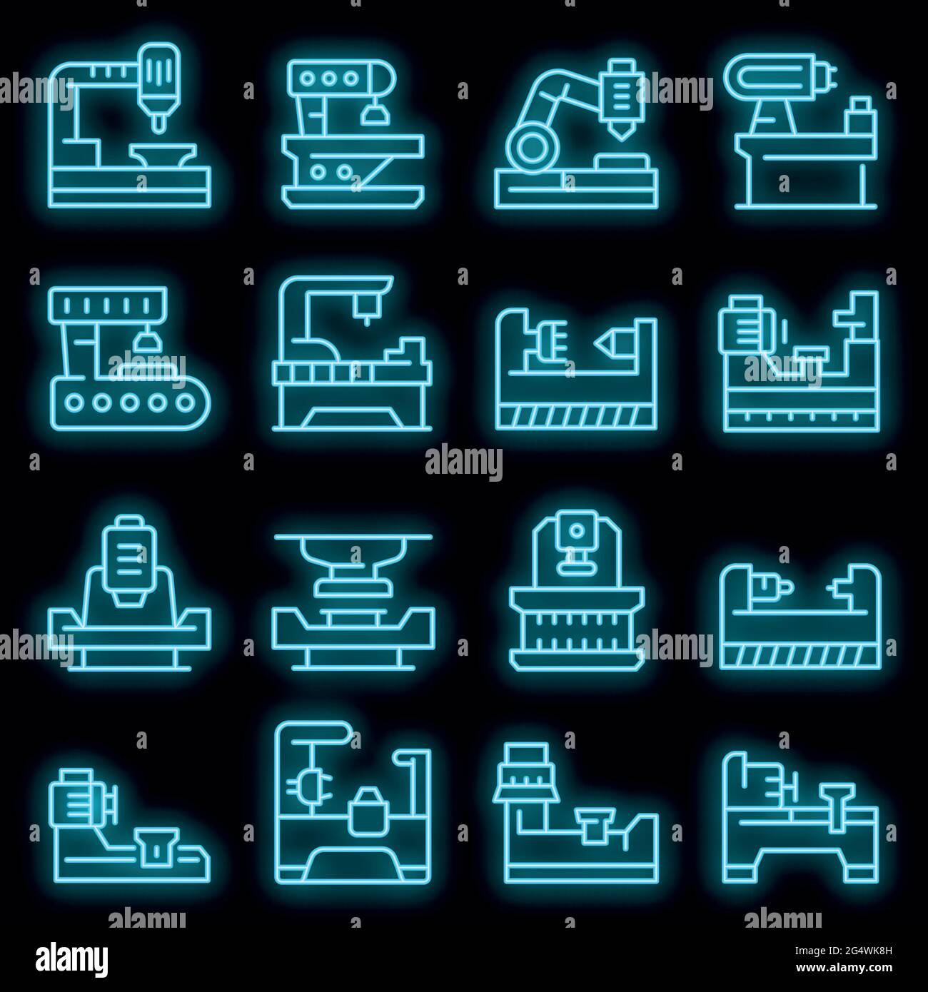 Lathe icons set. Outline set of lathe vector icons neon color on black ...