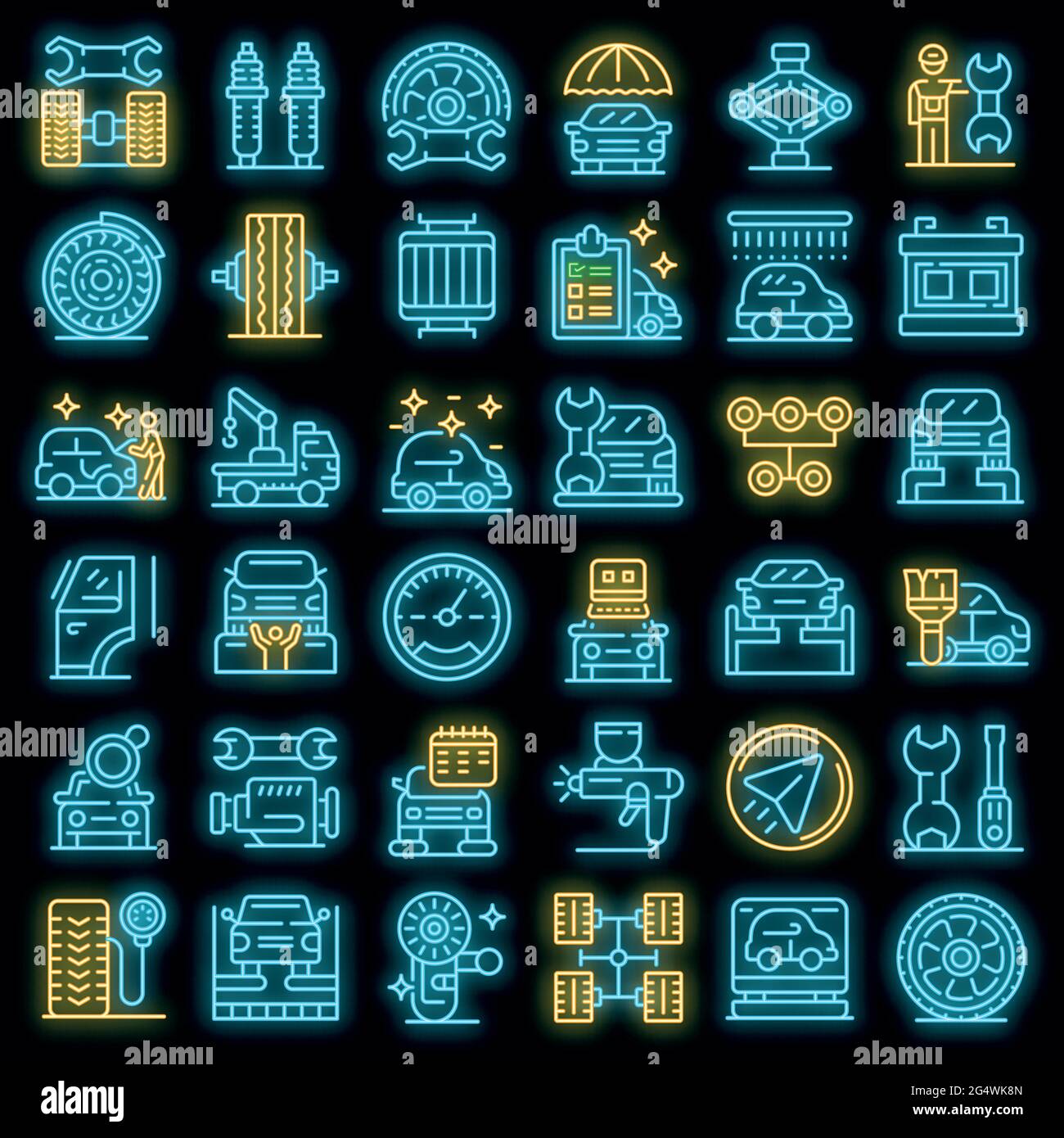Tire fitting icons set. Outline set of tire fitting vector icons neon ...