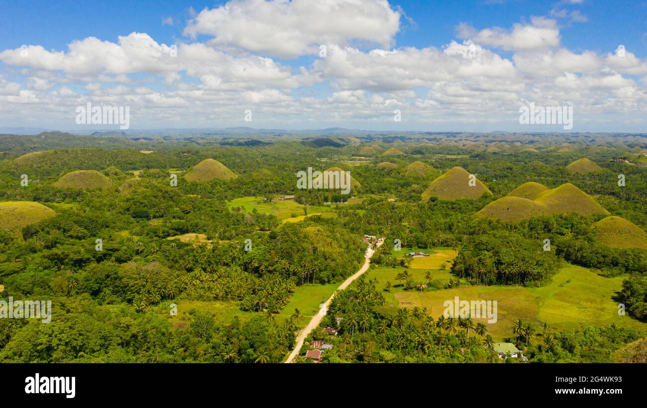 Aerial drone of the chocolate hills, a famous tourist destination on ...