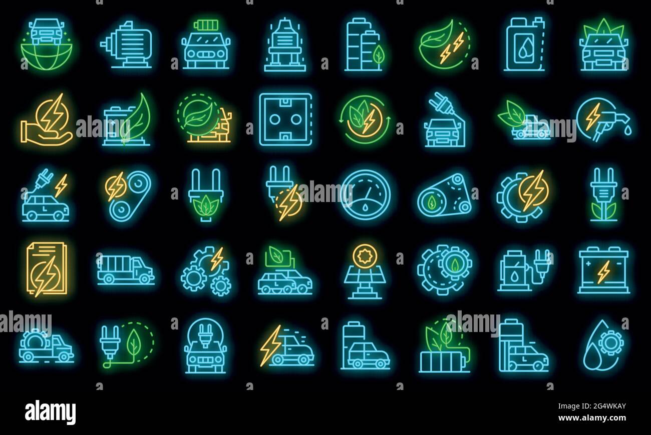 Hybrid car icons set. Outline set of hybrid car vector icons neon color ...
