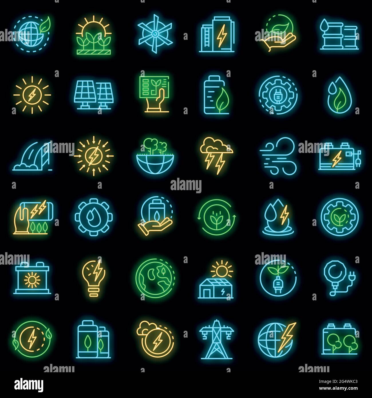 Clean energy icons set. Outline set of clean energy vector icons neon ...