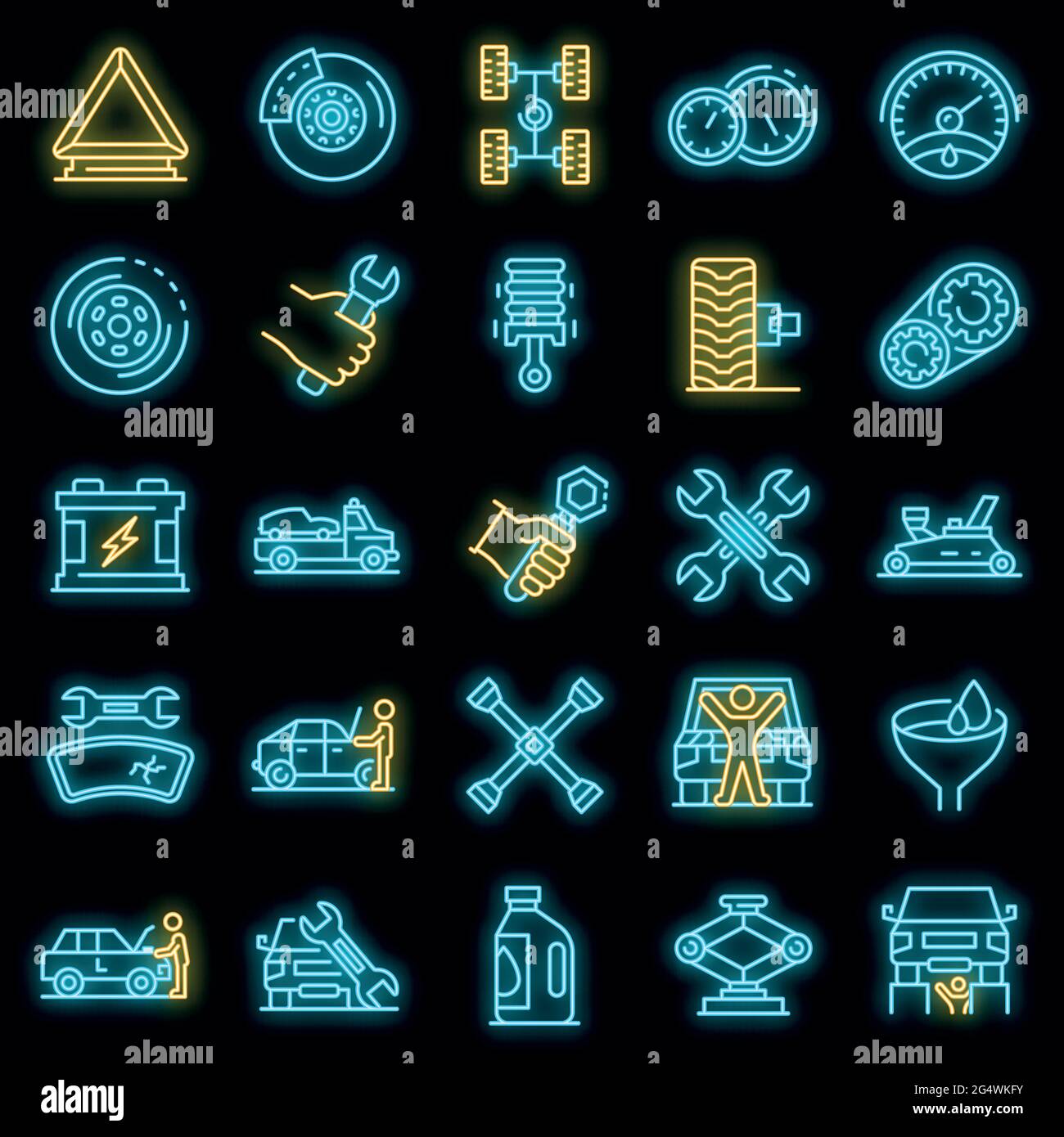 Auto mechanic icons set. Outline set of auto mechanic vector icons neon ...
