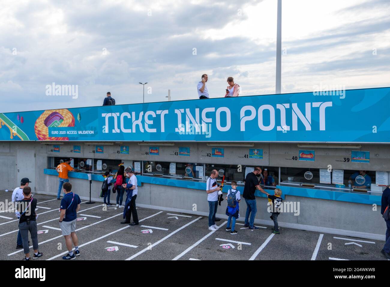 Munich, Germany. 23rd June, 2021. Ticket info point before the Munich ...