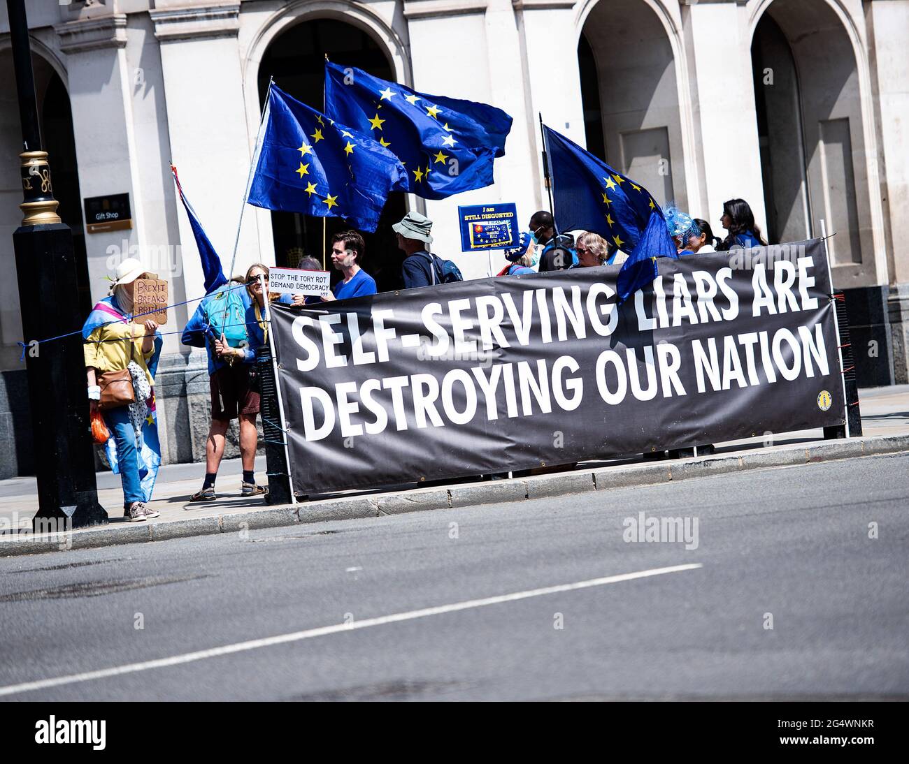London, UK. 23rd June, 2021. Anti-Brexit activists seen with a banner ...