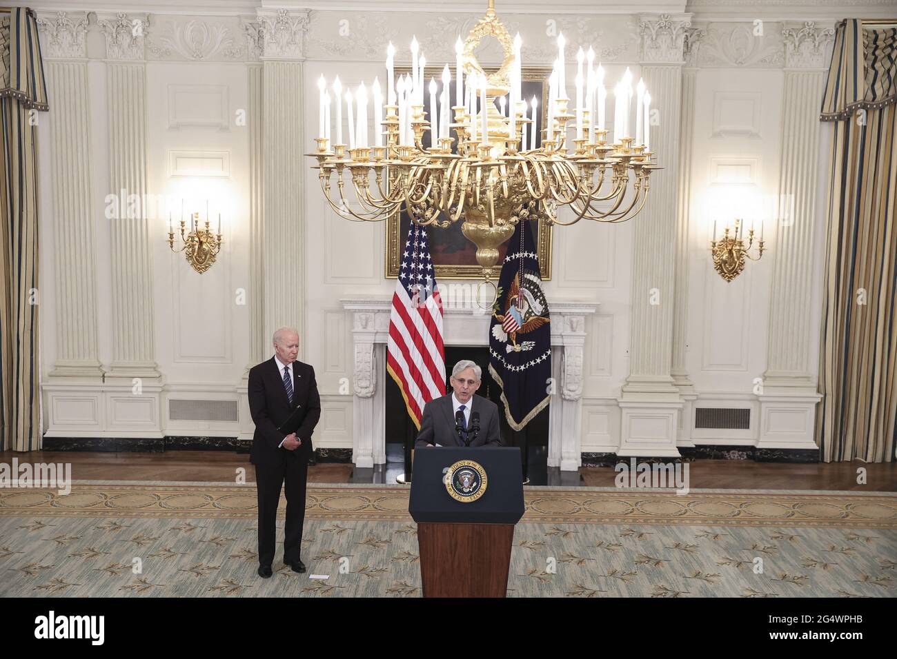 Merrick Garland, U.S. attorney general with President Joe Biden, speaks ...