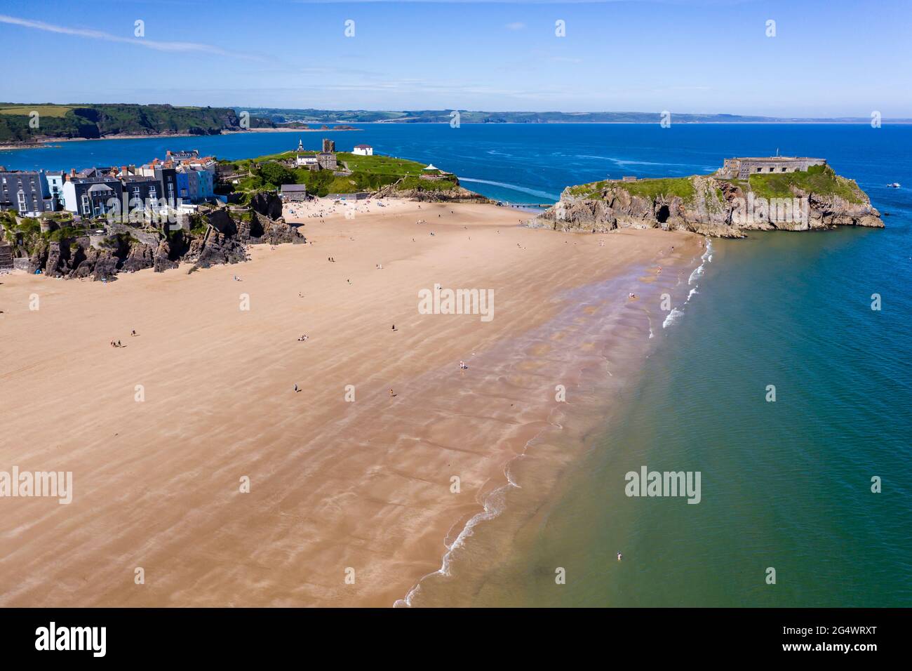 Aerial view of the beaches and coastline of the picturesque Welsh ...