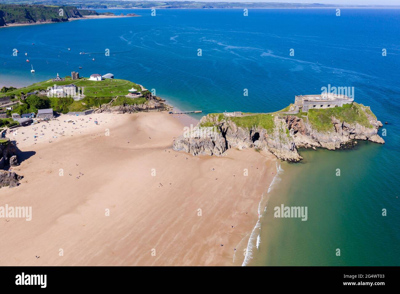 Aerial view of the beaches and coastline of the picturesque Welsh ...