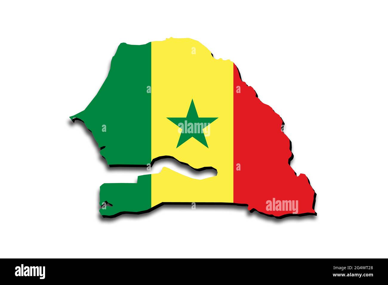 Outline map of Senegal with the national flag superimposed over the country. 3D graphics casting ...