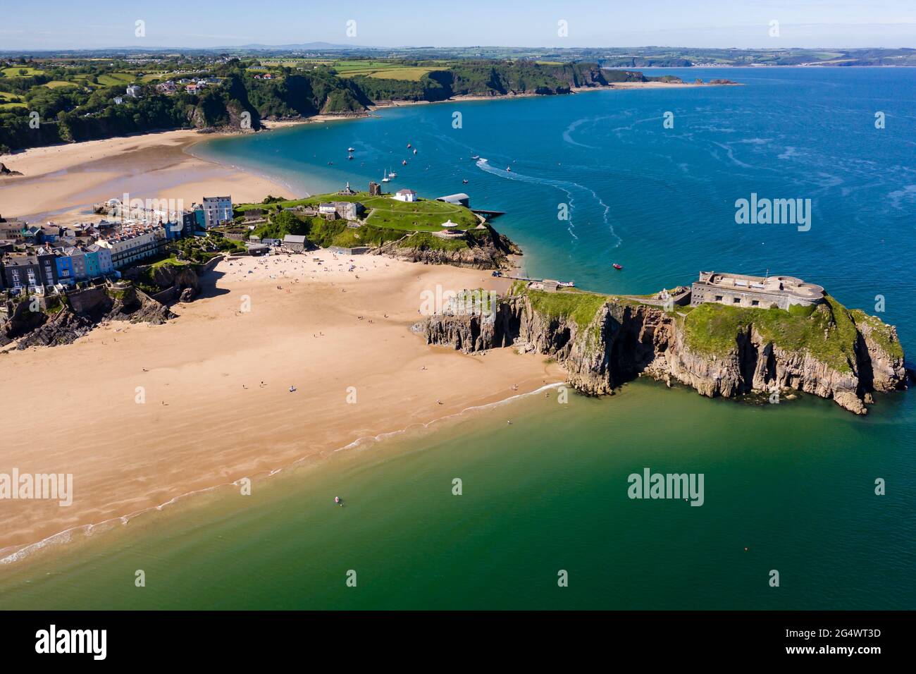 Aerial view of the beaches and coastline of the picturesque Welsh ...