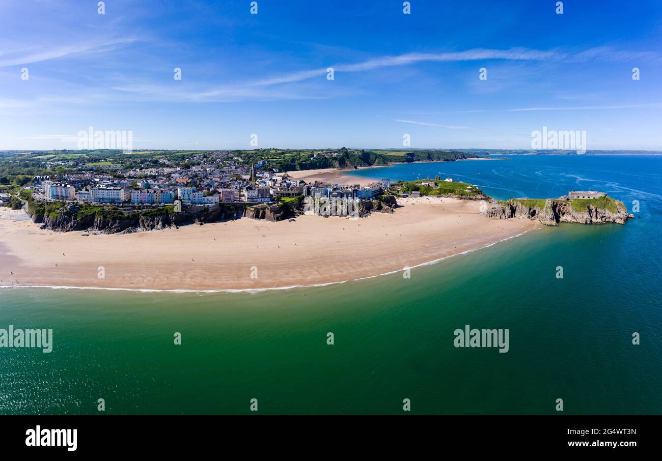 Aerial view of the beaches and coastline of the picturesque Welsh ...