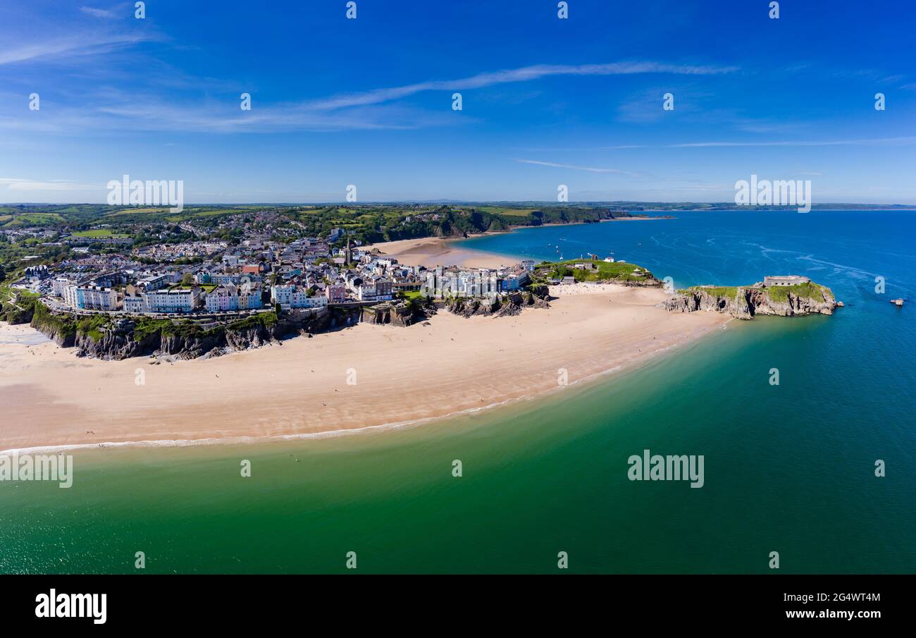 Aerial view of the beaches and coastline of the picturesque Welsh ...