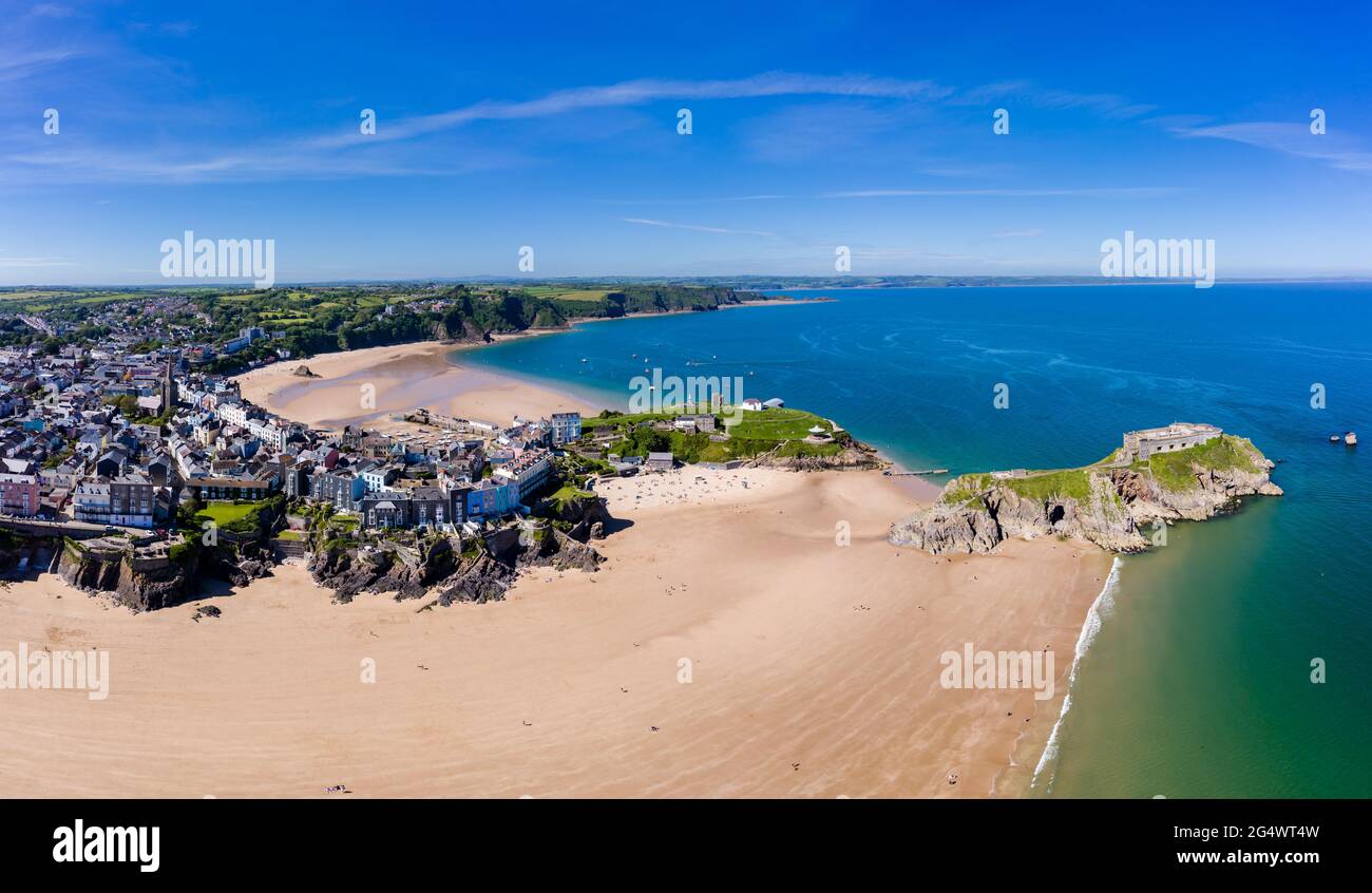 Aerial view of the beaches and coastline of the picturesque Welsh ...