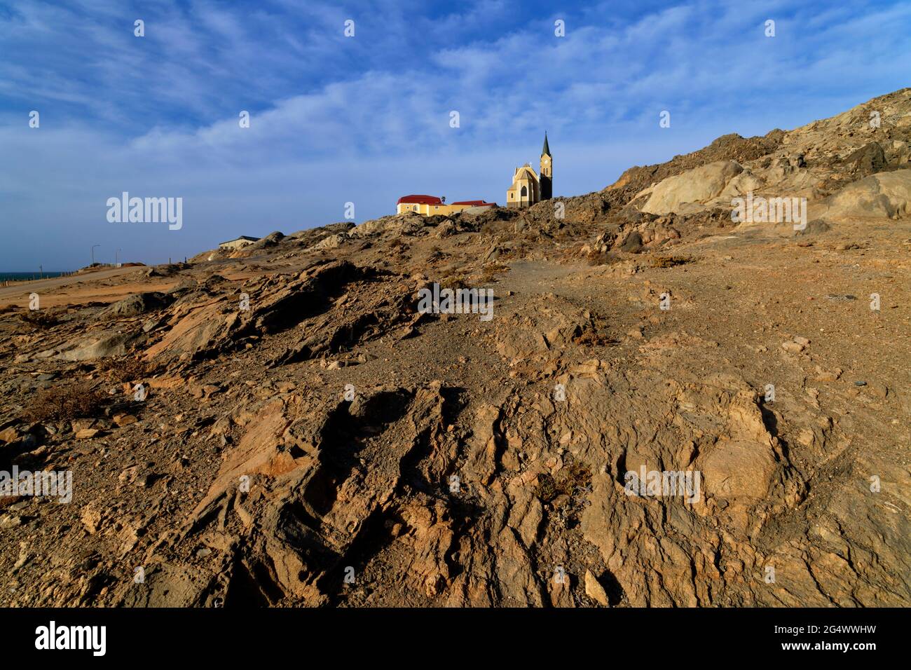 Lüderitz: Lutheran Felsenkirche above rocky landscape, Karas Region ...
