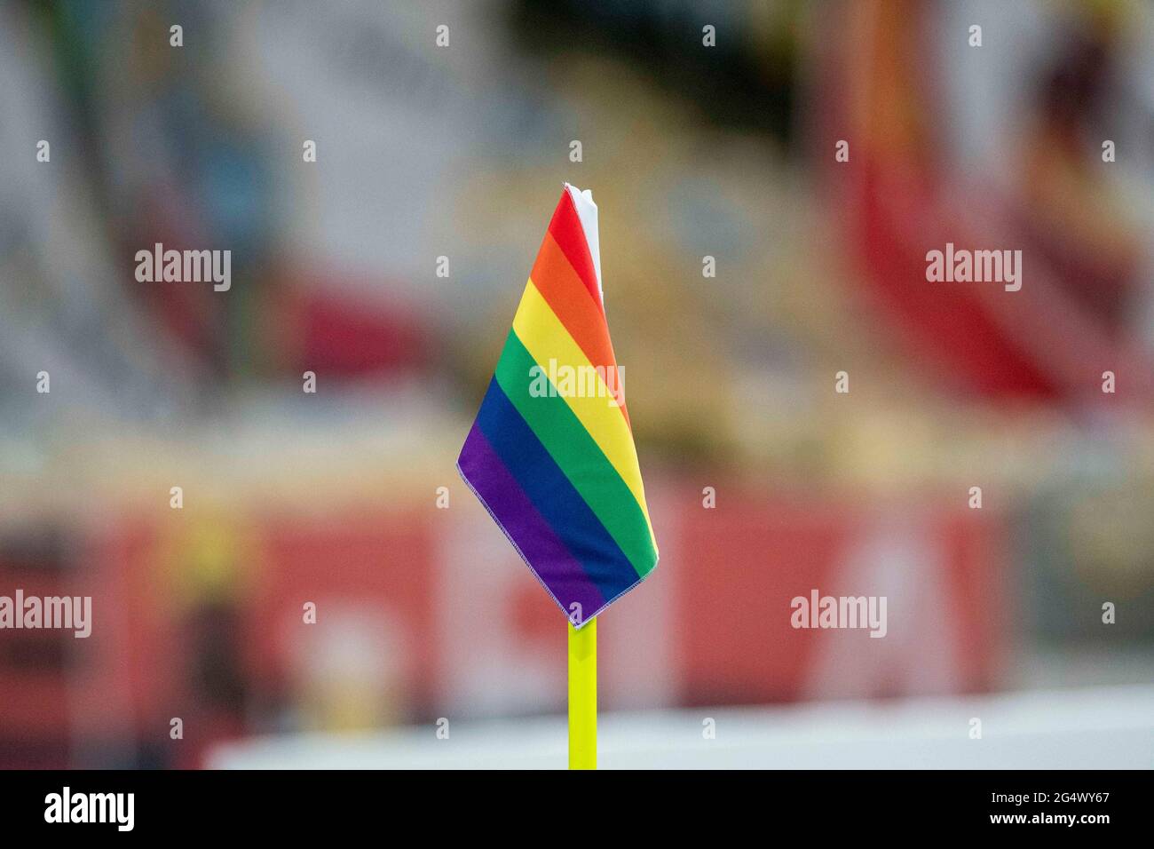 Rio De Janeiro, Brazil. 23rd June, 2021. Corner flag with LGBT colors ...