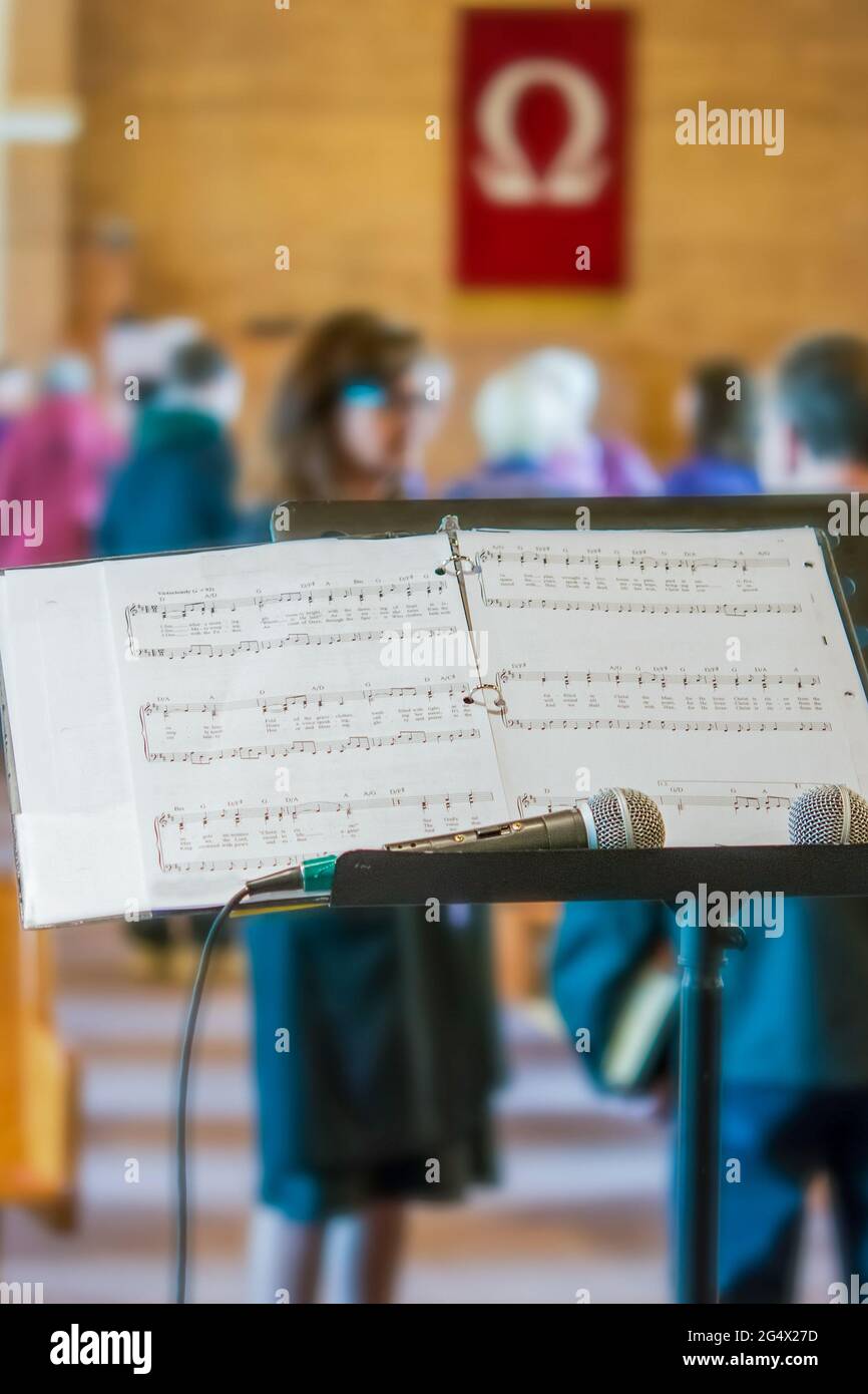 Inside church view from the stage of the musical partiture for praising ...