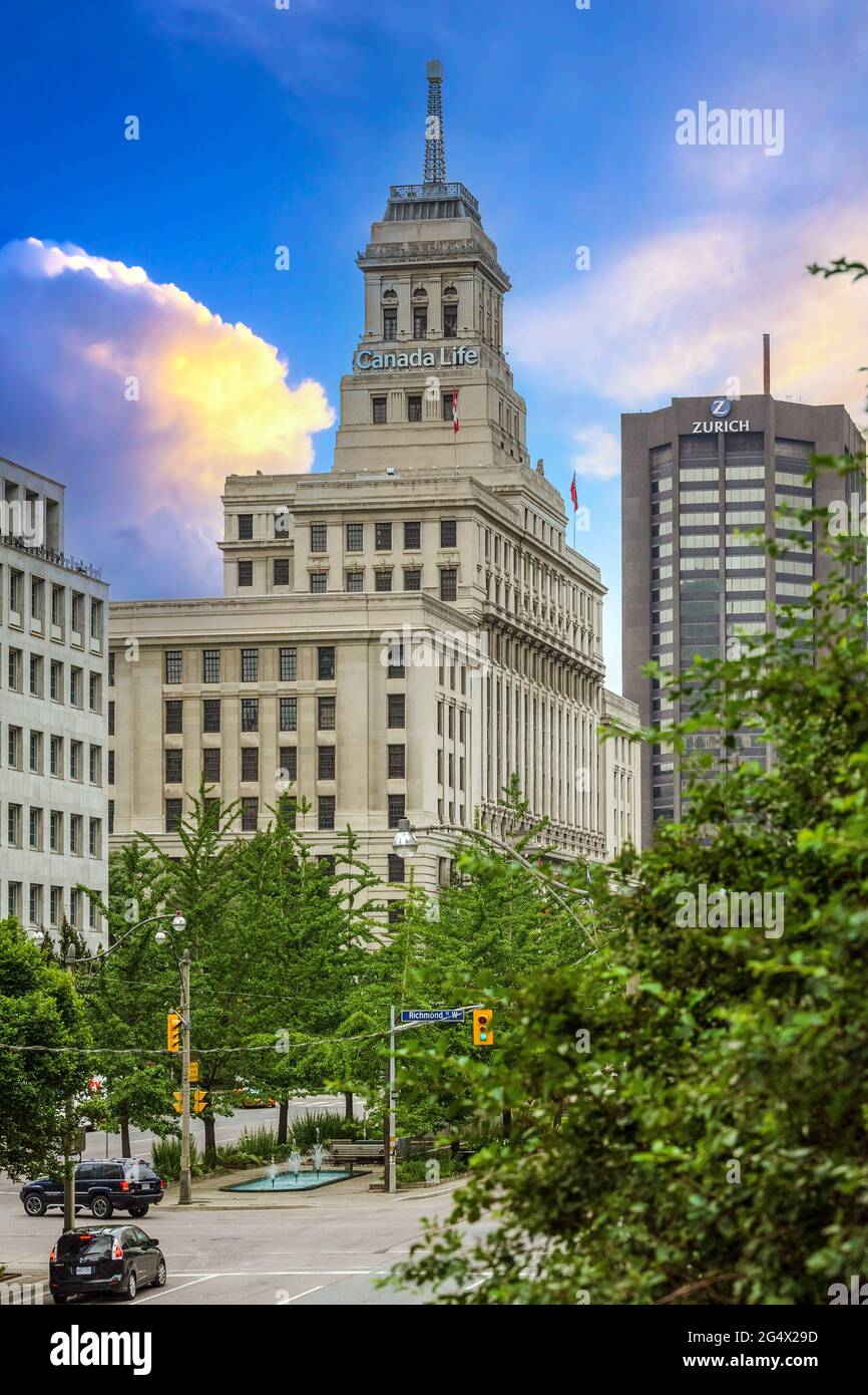 The Canada Life Building on a cloudy day. The building is a historic ...