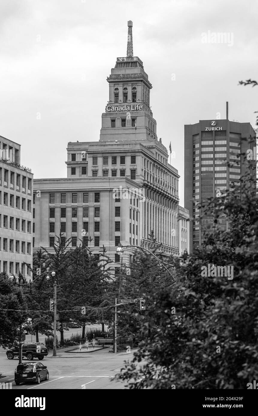 The Canada Life Building on a cloudy day. The building is a historic ...