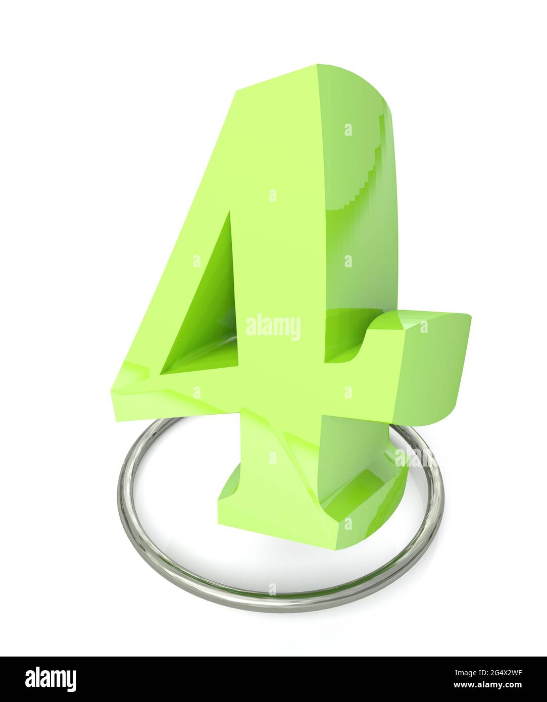 Number 4 green over metallic circle on white background - 3D rendering ...