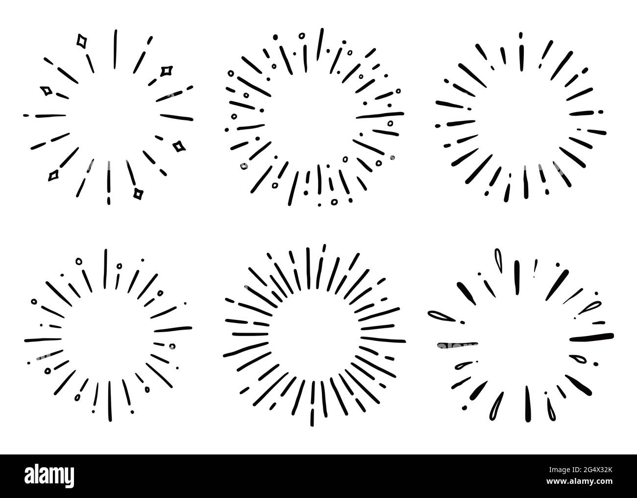 Hand drawn set of sunburst shine ray and sparkle. Doodle sketch style ...
