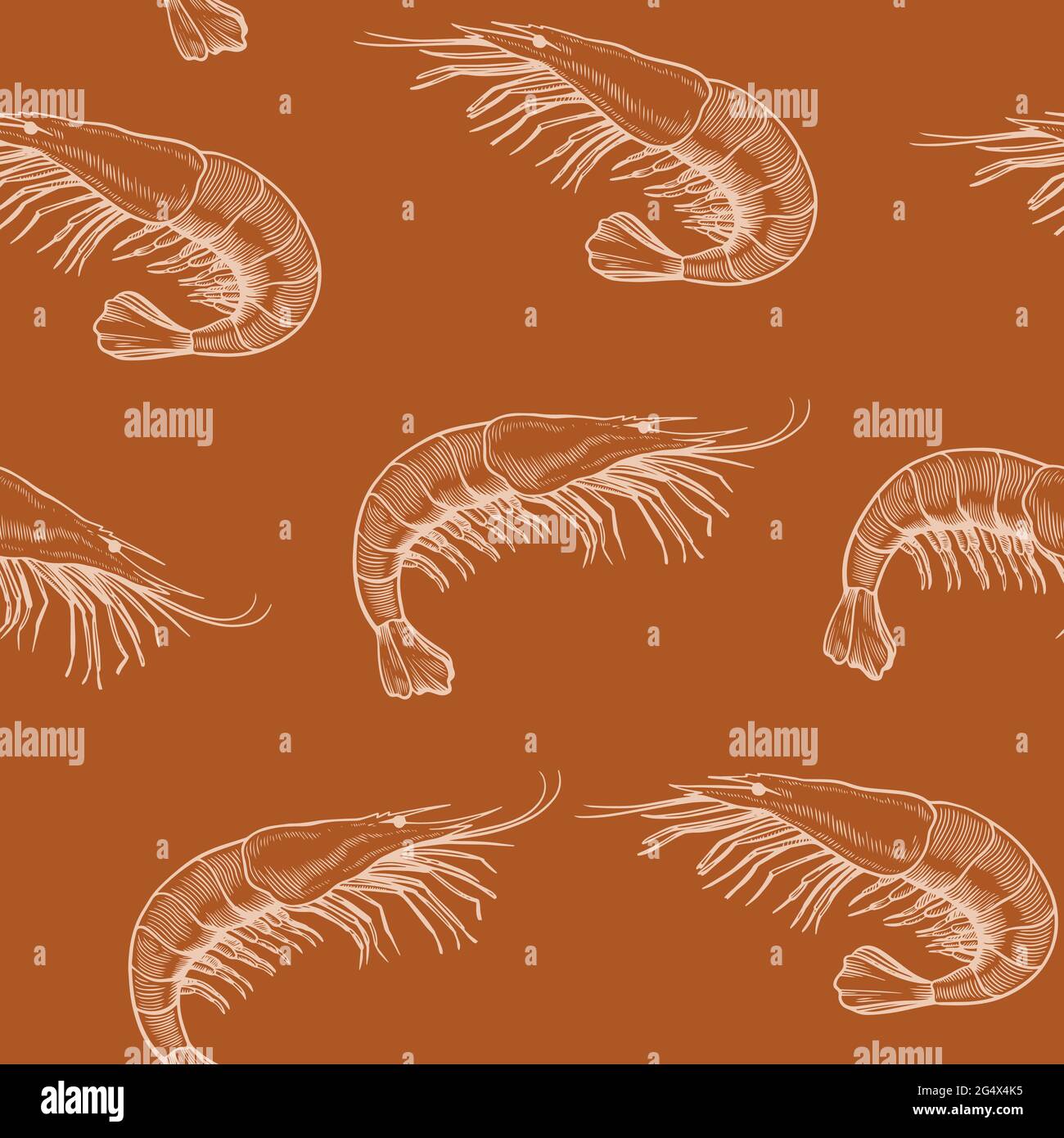 Seamless pattern with sea food, shrimp, drawn in vintage engraving ...