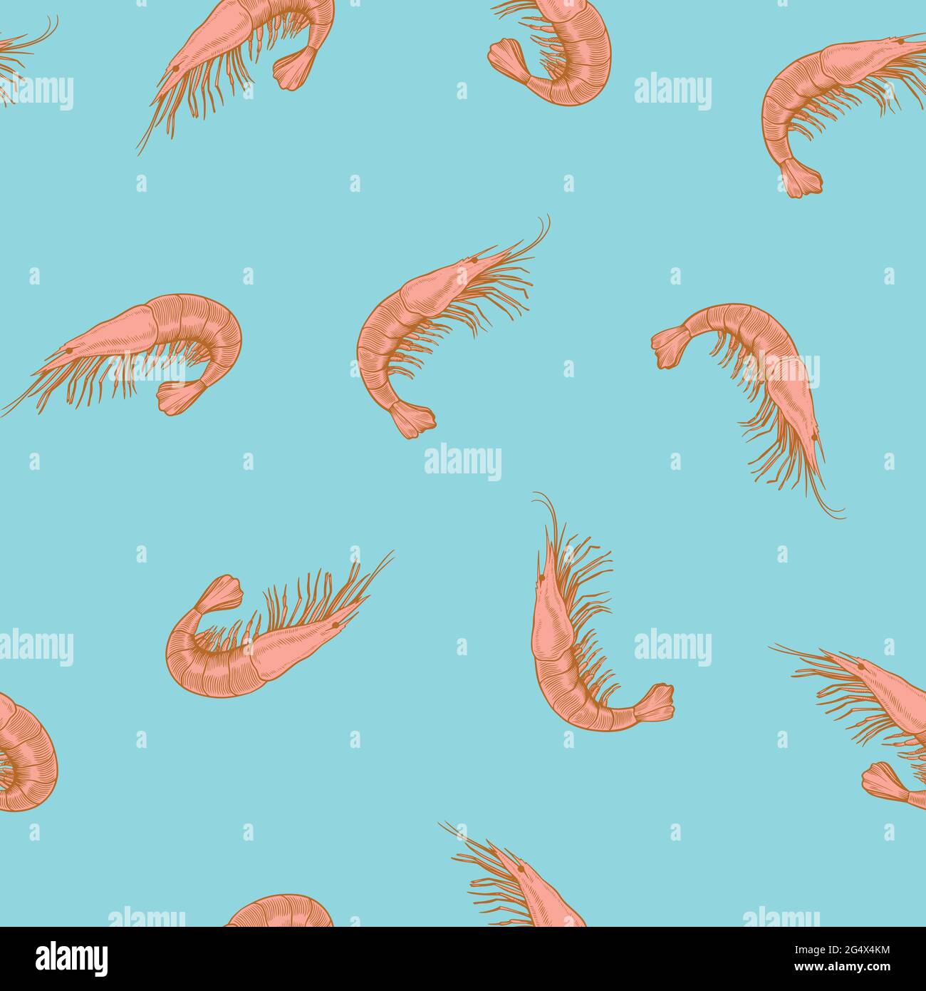 Seamless pattern with sea food, shrimp, drawn in vintage engraving ...