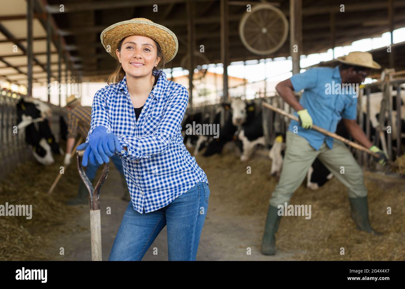 Woman farmer posing at cowshed on farm Stock Photo - Alamy