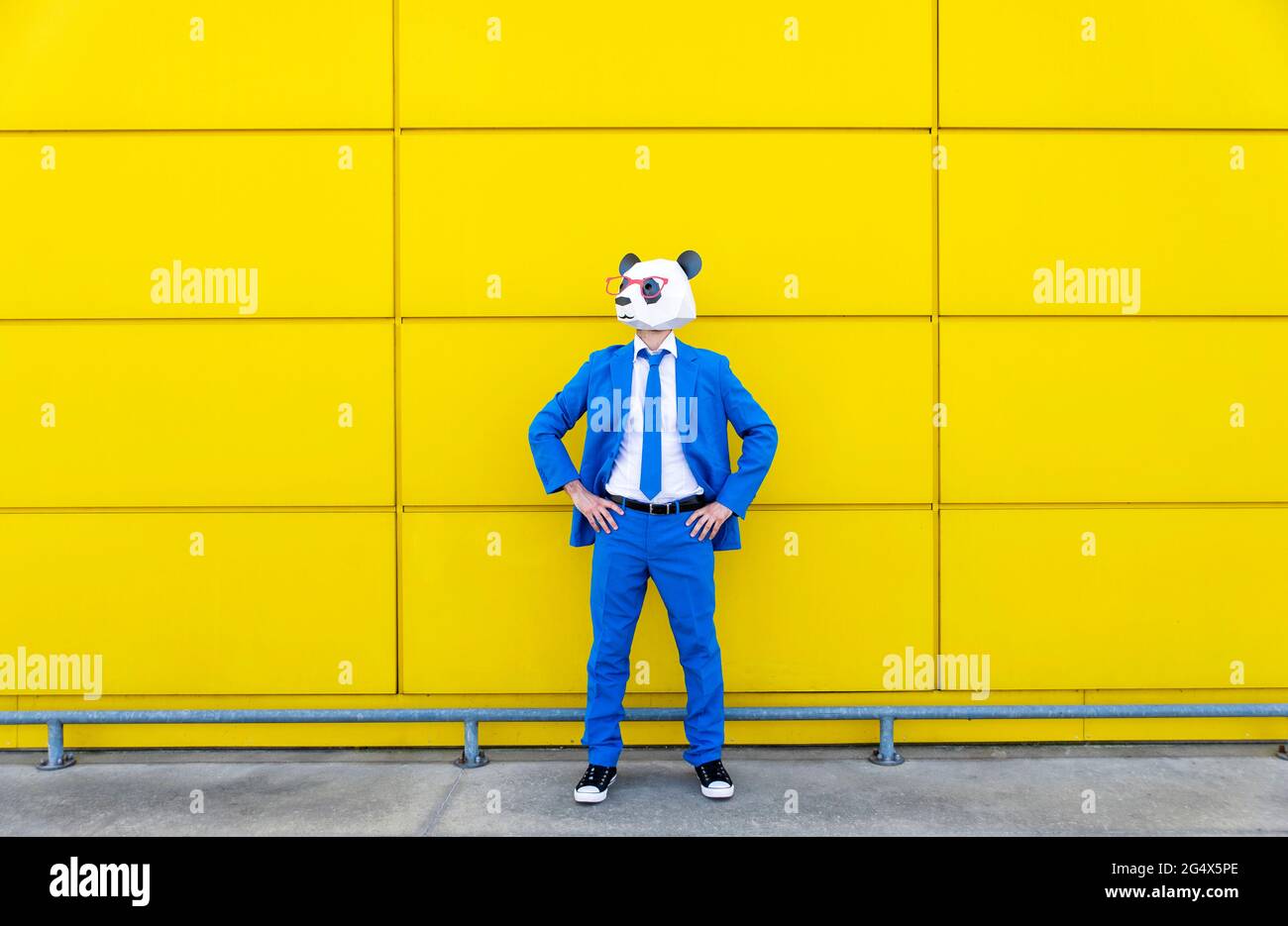 Man wearing vibrant blue suit and panda mask standing in front of ...