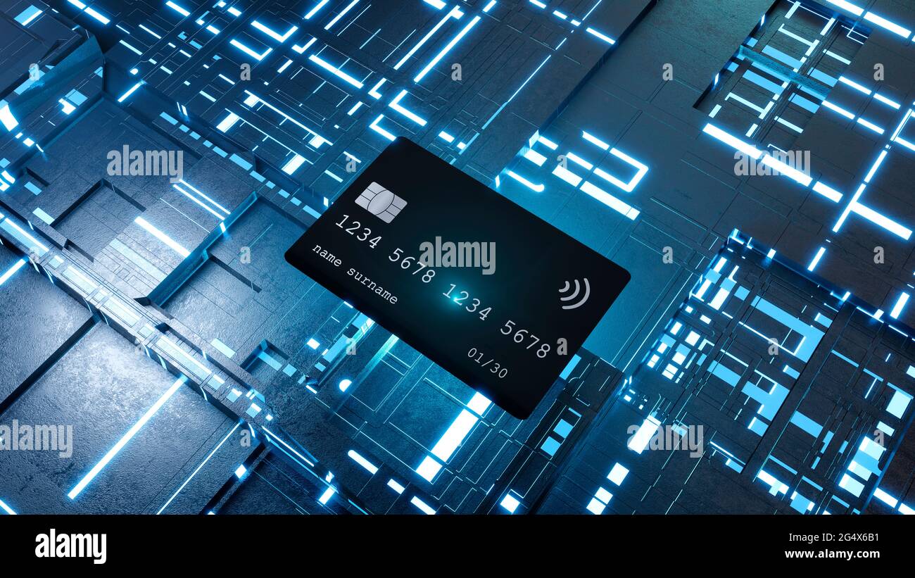 Three dimensional render of credit card floating against electronic ...